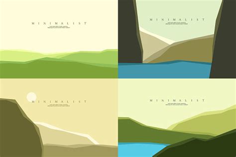 벡터 그림입니다 미니멀리즘 기하학적 풍경 컬렉션입니다 미드 센추리 모던 그래픽 푸른 초원 바위 옆의 호수 산 옆의 절벽 맑은 날