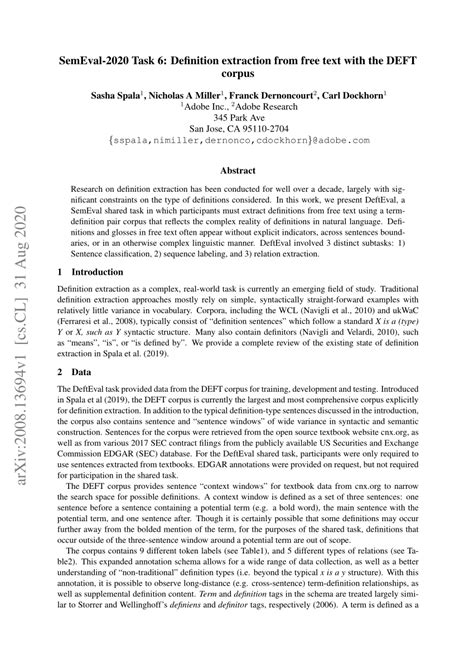 Pdf Semeval 2020 Task 6 Definition Extraction From Free Text With