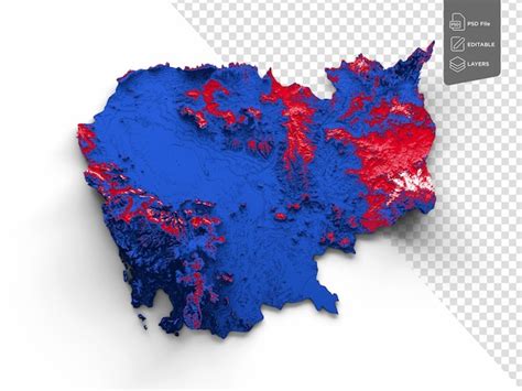 Карта с флагом в синем и красном оттенках Карта рельефа на белом фоне Иллюстрация 3d Камбоджи