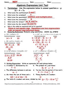 Algebraic Expressions Unit Review Pre Test And Unit Test TpT