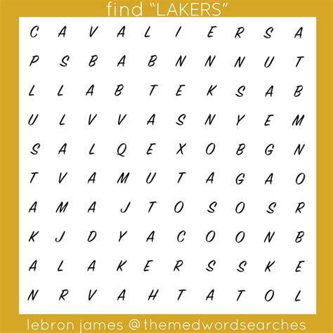 Lebron James Lakers Heat Basketball Inspired Word Search