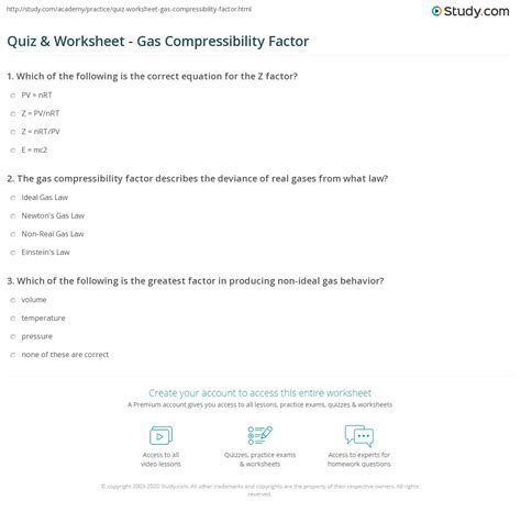 Quiz And Worksheet Gas Compressibility Factor