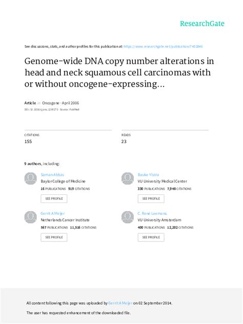Pdf Genome Wide Dna Copy Number Alterations In Head And Neck Squamous
