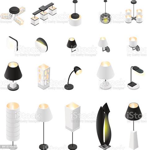 램프의 집합입니다 3d 램프 흰색 배경에 고립입니다 아이소메트릭 램프 바닥 천장 벽 조명 벡터 일러스트입니다 등측투영법에 대한 스톡 벡터 아트 및 기타 이미지 Istock