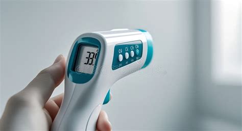 Digital Infrared Thermometer In Hand Displaying Temperature In A Clinical Setting Stock