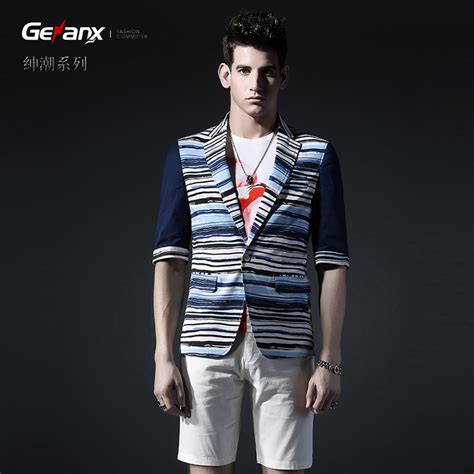 Genanx格男仕2015春季新款时尚条纹七分袖小西服潮流拼接西装外套jwb20088