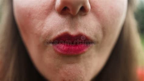 Close Up Of Red Female Lips With Raspberry Beautiful Female Model Lips