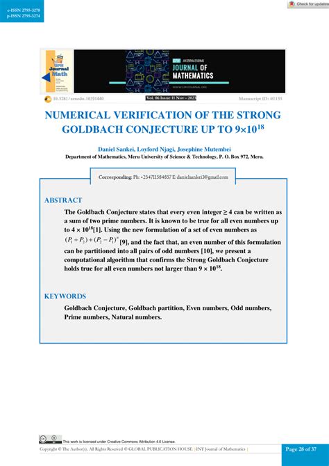Pdf 1155 A Numerical Verification Of The Strong Goldbach Conjecture Up To 9×1018manuscript Id