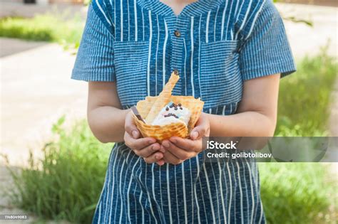 자연에서 피크닉을 하는 동안 와플과 맛 있는 아이스크림을 들고 젊은 여자 여름 음식 개념입니다 밝은 여름 날에 막대기로 맛 있는 아이스크림을 먹는 젊은 성인 개념에 대한