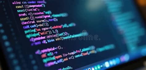 Close Up Of Monitor Screen With Program Source Code Dark Blue Background Colorful Code Syntax