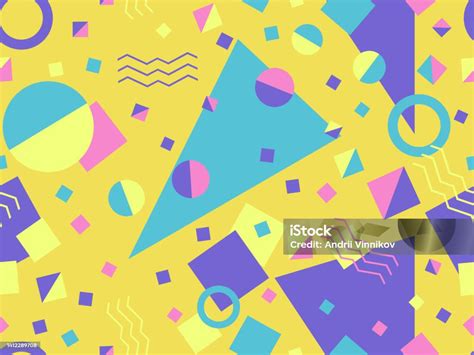 80 년대 스타일의 기하학적 원활한 패턴 기하학적 모양의 다채로운 배경 홍보 제품 포장지 브로셔 및 인쇄를 위한 디자인 벡터 일러스트레이션 0명에 대한 스톡 벡터 아트 및