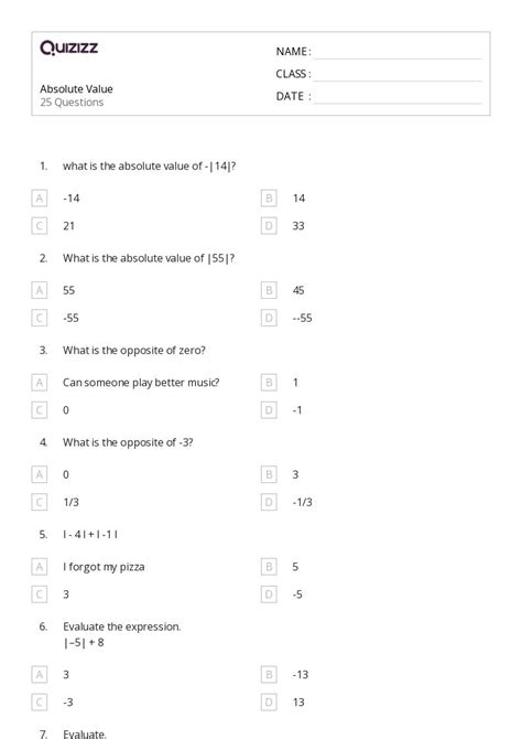 50 Absolute Value Worksheets For 4th Class On Quizizz Free And Printable