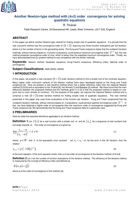 Pdf Another Newton Type Method With K 2 Order Convergence For Solving Quadratic Equations