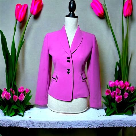 Tahari Jackets And Coats Tahari Asl Pink Blazer With Inner Pattern Black Trim Buttons With