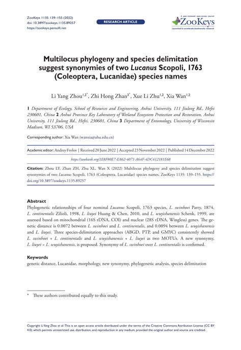 Pdf Multilocus Phylogeny And Species Delimitation Suggest Synonymies Of Two Lucanus Scopoli