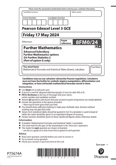 Pearson Edexcel Level 3 Gce Further Mathematics Advanced Subsidiary Further Mathematics Options