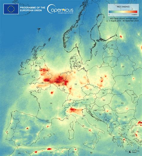 Satellite Measurement Of No2 Pollution Above Europe Augsept Rbelgium