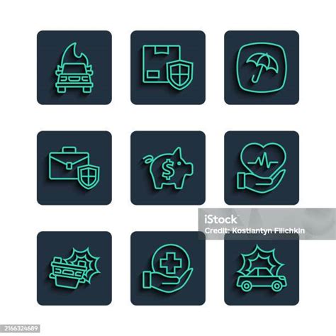 자동차 사고 생명 보험 우산 돼지 저금통 방패가 있는 서류 가방 불타는 자동차와 아이콘을 설정합니다 벡터 가방에 대한 스톡 벡터 아트 및 기타 이미지 Istock