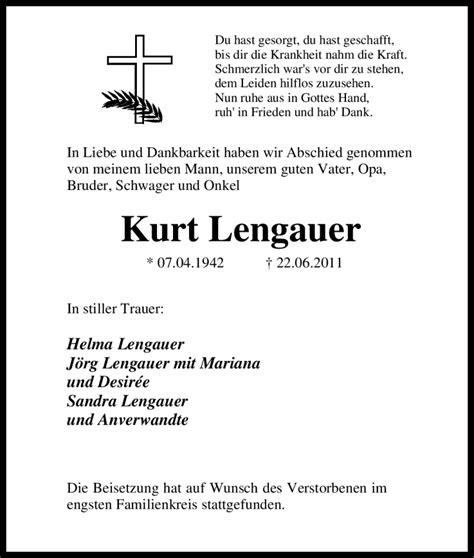 Traueranzeigen Von Kurt Lengauer Trauer In Nrw De