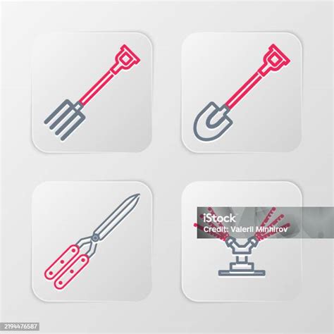 세트 라인 자동 관개 스프링클러 원예 수제 가위 삽 및 갈퀴 아이콘 벡터 건설 산업에 대한 스톡 벡터 아트 및 기타 이미지 건설 산업 금속 나무 Istock