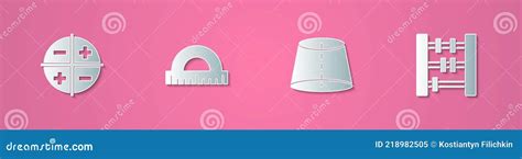 Set Paper Cut Xyz Coordinate System Protractor Geometric Figure And Abacus Icon Paper Art