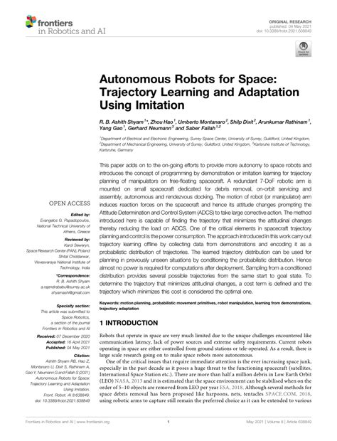 Pdf Autonomous Robots For Space Trajectory Learning And Adaptation Using Imitation