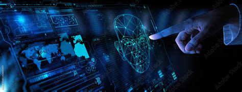 Hand Touching UI For Unlocking With Face Identification Facial Recognition Concept Stock Photo