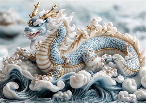 A Blue Dragon Holding Magic Pearl Beads Sitting With Waves Stock