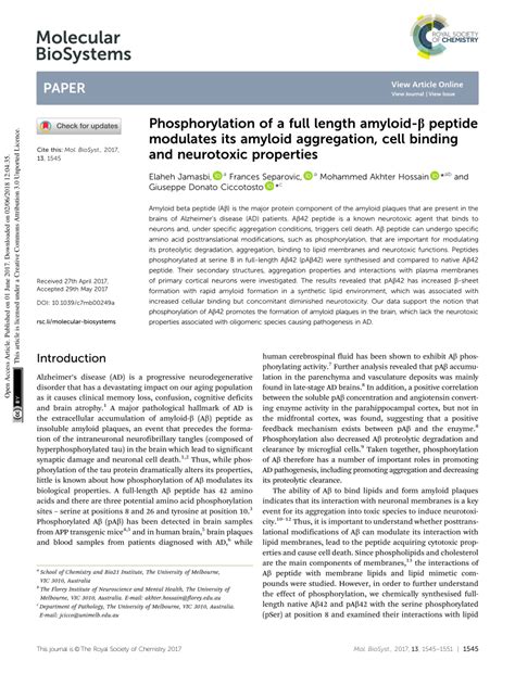 Pdf Phosphorylation Of Full Length Amyloid β Peptide Modulates Its Amyloid Aggregation Cell