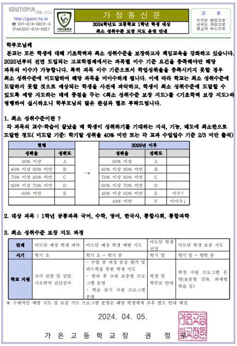 2024학년도 고등학교 1학년 학생 대상 최소 성취수준 보장 지도 운영 안내 가정통신문 가온고등학교