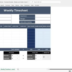 Weekly Employee Timesheet Template Excel With Lunch Breaks And Automatic Hour Tracking Etsy