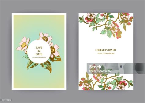 식물 결혼식 초대 카드 템플릿 디자인 손으로 그린 사쿠라 꽃과 나뭇잎 지점 파스텔 컬러 빈티지 그린 골드 배경 복고풍 스타일 벡터 일러스트 레이 션에 원 프레임 농촌