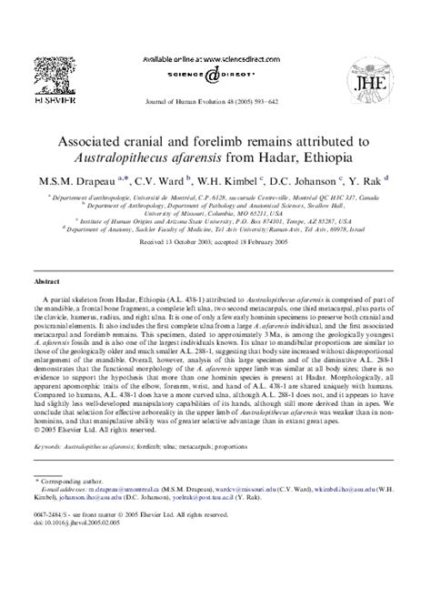 Associated Cranial And Forelimb Remains Attributed To Australopithecus Afarensis From Hadar