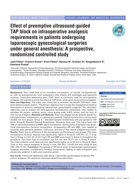 Pdf Effect Of Preemptive Ultrasound Guided Tap Block On Intraoperative Analgesic Requirements