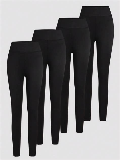 4 Pairs Tween Girl Black Waistband Slim Fit Casual Leggings Basic