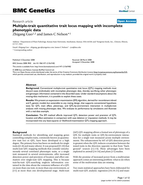 Pdf Multiple Trait Quantitative Trait Locus Mapping With Incomplete Phenotypic Data