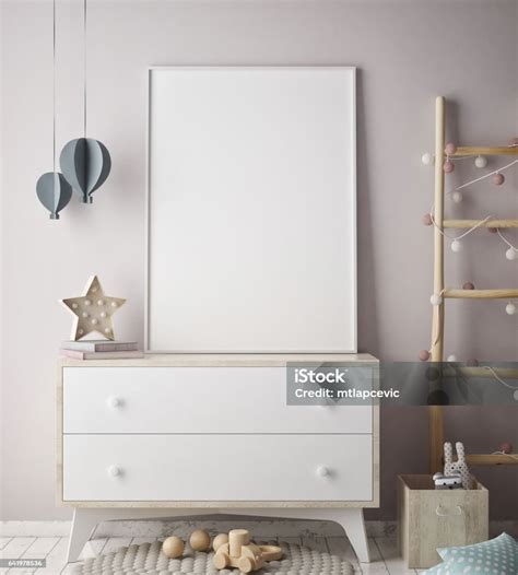 어린이 침실 스칸디나비아 스타일 인테리어 배경 3d 렌더링에 포스터 프레임을 모의 아이에 대한 스톡 벡터 아트 및 기타 이미지 아이 형판 액자 Istock