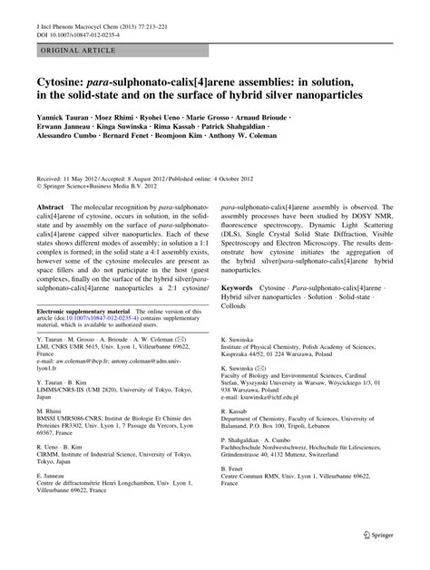 Pdf Cytosine Para Sulphonato Calix 4 Arene Assemblies In Solution