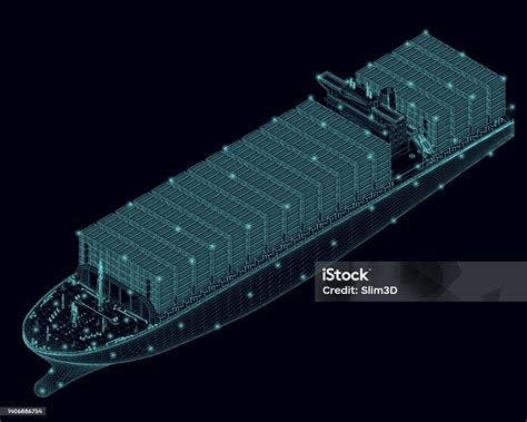 어두운 배경에 고립 된 파란색 선으로 만든 많은 컨테이너가있는 와이어 프레임을 배송하십시오 아이소메트릭 뷰 3d 벡터