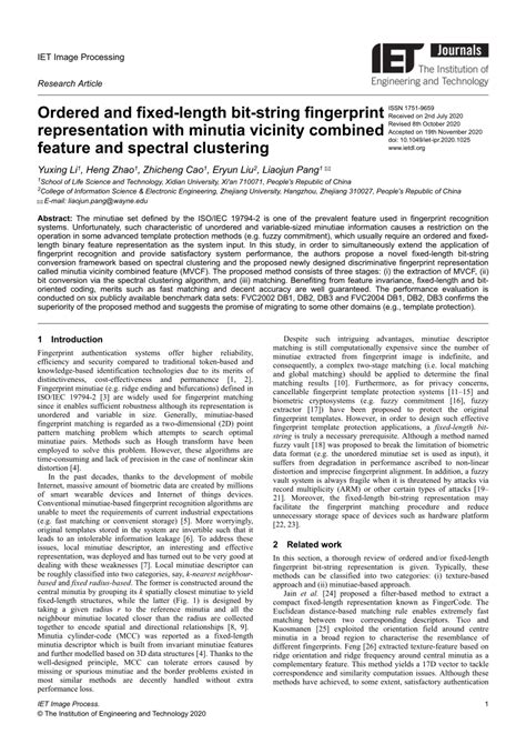 Pdf Ordered And Fixed Length Bit String Fingerprint Representation With Minutia Vicinity