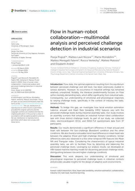 Pdf Flow In Human Robot Collaboration—multimodal Analysis And Perceived Challenge Detection In