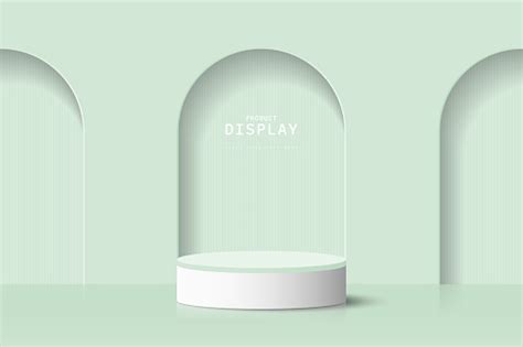 흰색 녹색 3d 실린더 연단 받침대는 3개의 아치 문 배경 앞에 현실적으로 배치됩니다 모형 또는 제품 프레젠테이션 쇼케이스를 위한 최소한의 장면 3d 벡터 기하학적 형태