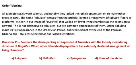 Solved Order Tabulata All Tabulate Corals Were Colonial And