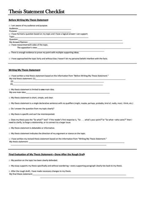 Thesis Statement Checklist Template Printable Pdf Download