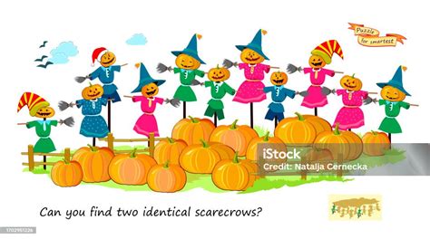 어린이와 성인을 위한 논리 퍼즐 두 개의 동일한 허수아비를 찾을 수 있습니까 아이들 수수께끼 책을위한 페이지입니다 세심함을위한 작업 Iq 테스트 온라인 플레이 벡터 만화