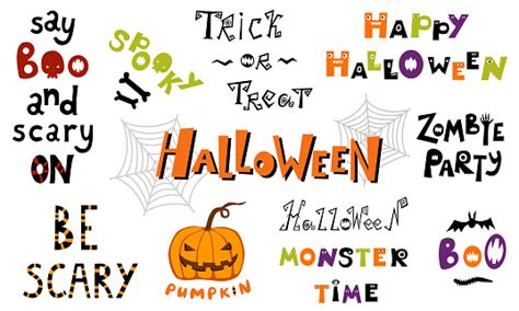 해피 할로윈 으스스한 편지 문구와 따옴표 의 집합입니다 카드 전단지 포스터를 위한 필기 타이포그래피 벡터 텍스트 요소입니다 흰색으로 격리됩니다 부 트릭 또는 치료 좀비 파티