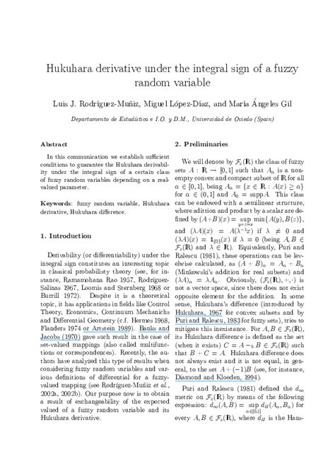 Pdf Hukuhara Derivative Under The Integral Sign Of A Fuzzy Random