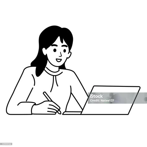 컴퓨터 노트북으로 일하는 여성 창의적인 개념 고립 된 벡터 일러스트 레이 션 개요 손으로 그린 낙서 라인 아트 만화 디자인 캐릭터 낙서 드로잉에 대한 스톡 벡터 아트 및