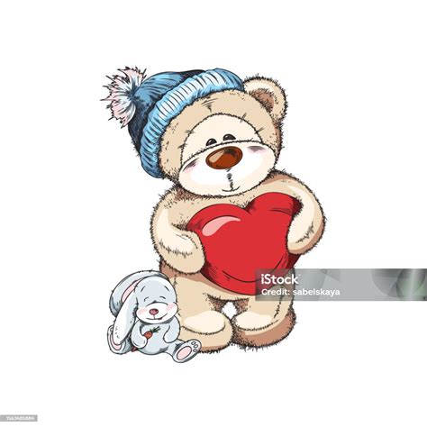 형형색색의 수채화 손으로 빨간 하트를 가진 재미있는 테디베어 소년 벡터 스케치 곰 인형 격리된 그림 공휴일에 대한 스톡 벡터
