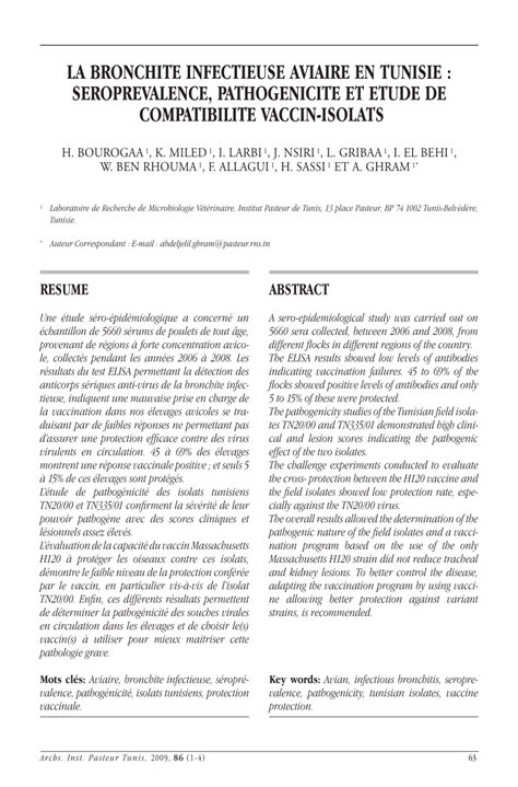Pdf La Bronchite Infectieuse Aviaire En Tunisie Séroprévalence
